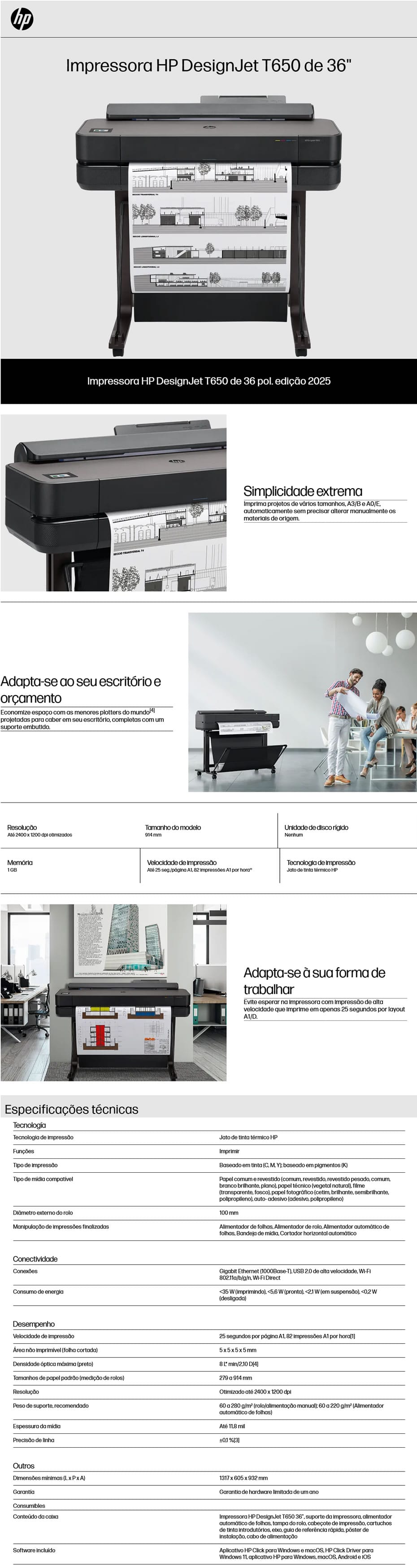 Impressora Plotter Designjet T650 36" Pol. 5HB10D HP | Impressora Plotter Designjet T650 36" Pol ...